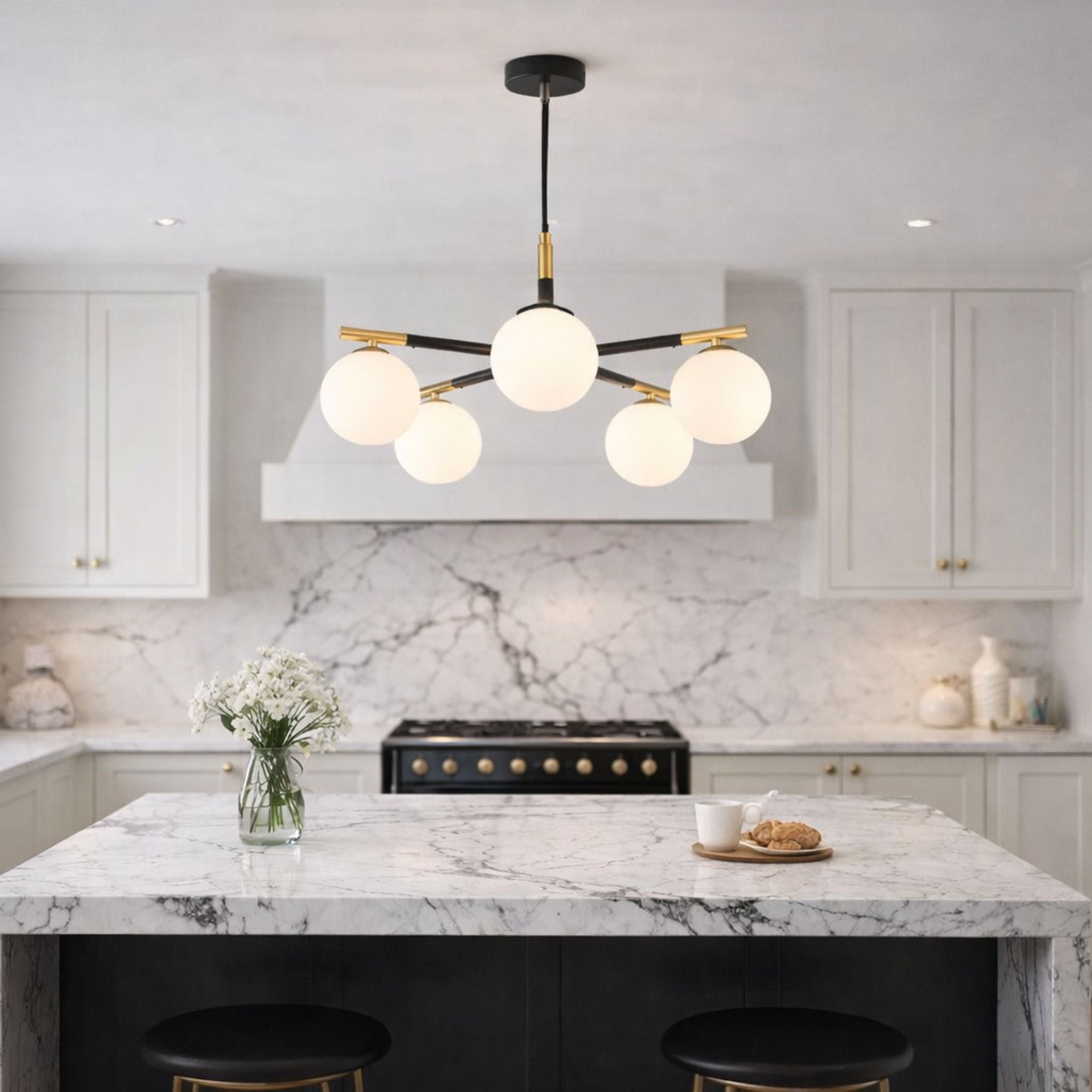 White Glass Orb Lighting Collection with Black & Gold Metal – Table ...