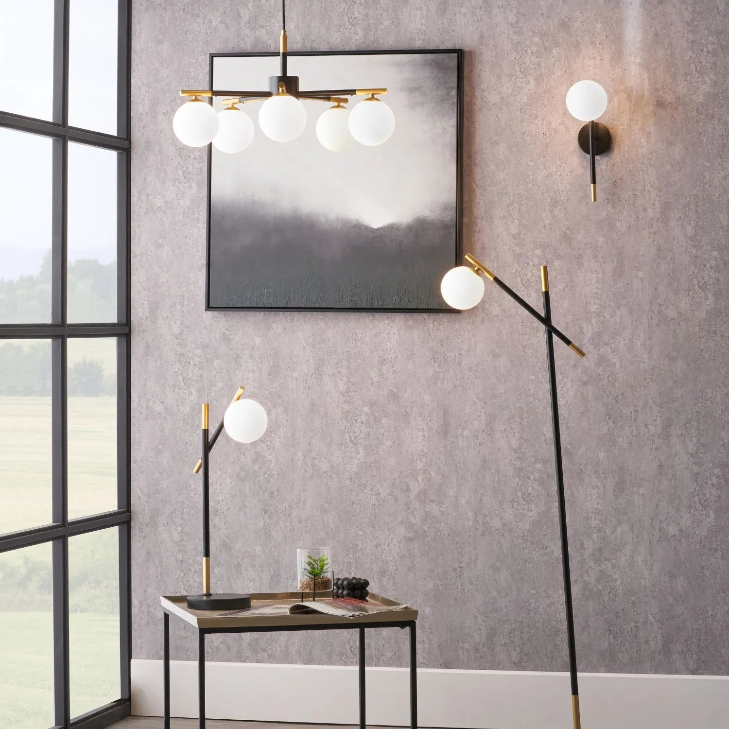 White Glass Orb Shade with Black & Gold Metal Wall Light – Modern Wall ...